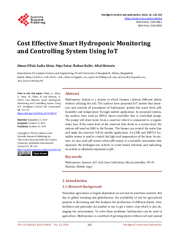 Pdf Cost Effective Smart Hydroponic Monitoring And Controlling System