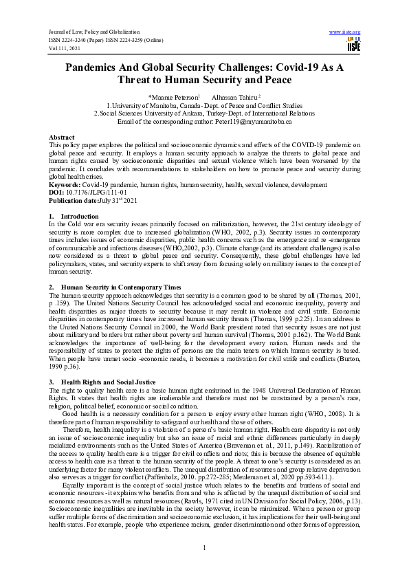 (PDF) Pandemics And Global Security Challenges: Covid-19 As A Threat to ...