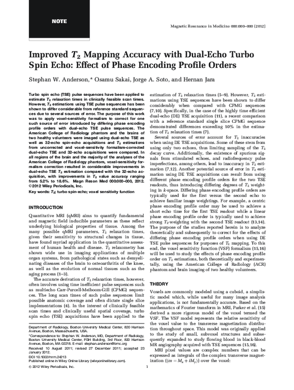 Pdf Improved T2 Mapping Accuracy With Dual Echo Turbo Spin Echo Effect Of Phase Encoding