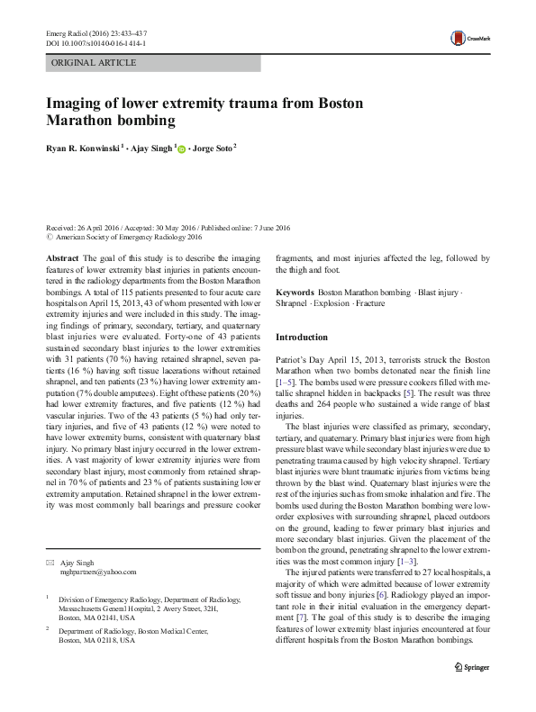 (PDF) Imaging of lower extremity trauma from Boston Marathon bombing