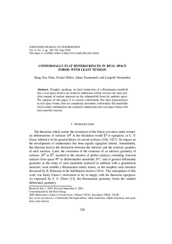 (PDF) Conformally Flat Hypersurfaces in Real Space Forms with Least Tension