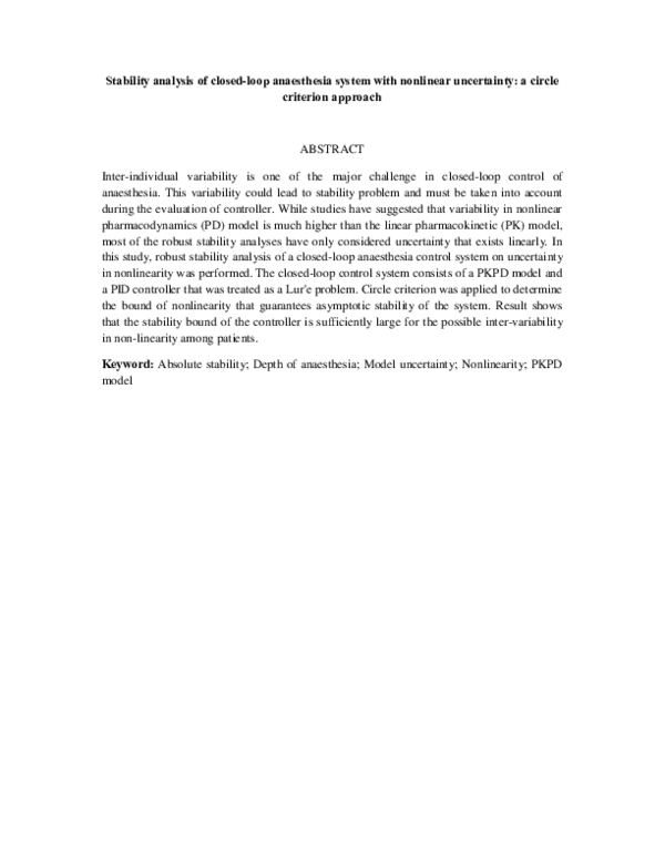 (PDF) Stability analysis of closed-loop anaesthesia system with nonlinear uncertainty: A circle ...