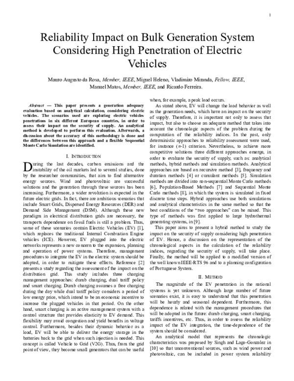 (PDF) Reliability impact on bulk generation system considering high penetration of electric vehicles