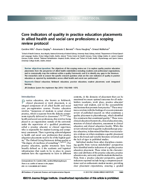 (PDF) Core indicators of quality in practice education placement in ...