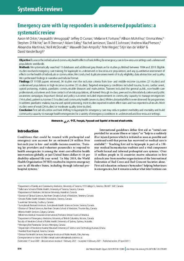 (PDF) Emergency care with lay responders in underserved populations: a ...