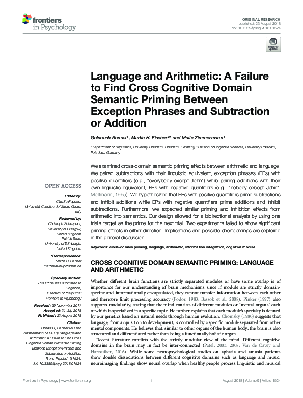 (PDF) Language and Arithmetic: A Failure to Find Cross Cognitive Domain Semantic Priming Between ...