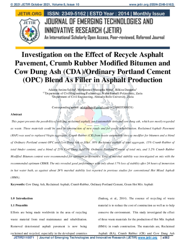 (PDF) Investigation on the Effect of Recycle Asphalt Pavement, Crumb ...