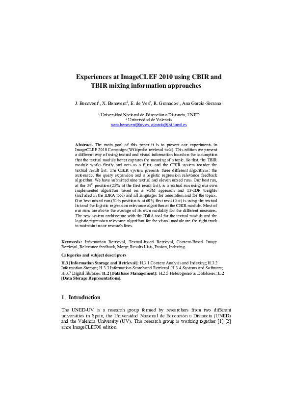 (PDF) Experiences at ImageCLEF 2010 using CBIR and TBIR mixing ...