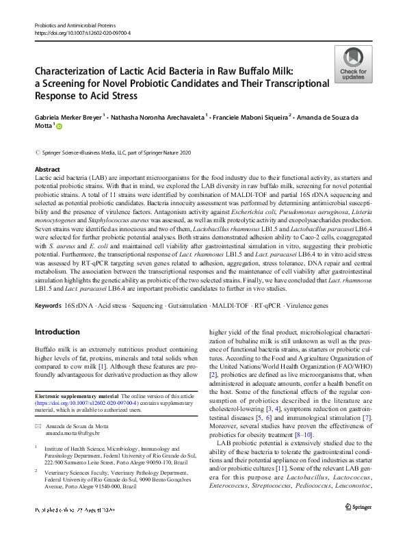 (PDF) Characterization of Lactic Acid Bacteria in Raw Buffalo Milk: a Screening for Novel ...