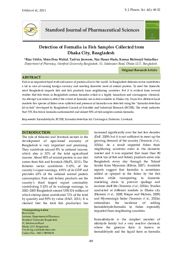 (PDF) Detection of Formalin in Fish Samples Collected from Dhaka City, Bangladesh