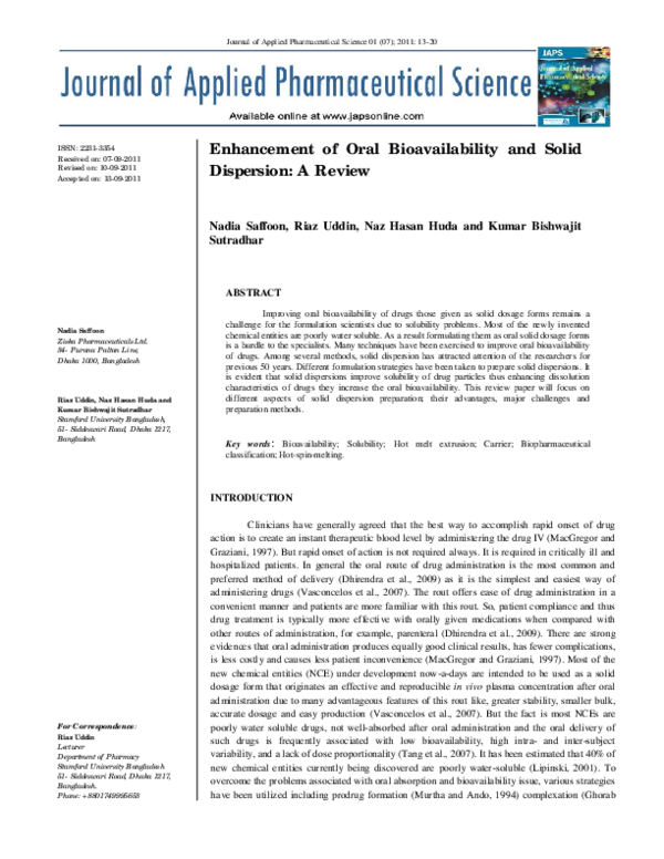 Pdf Enhancement Of Oral Bioavailability And Solid Dispersion A Review