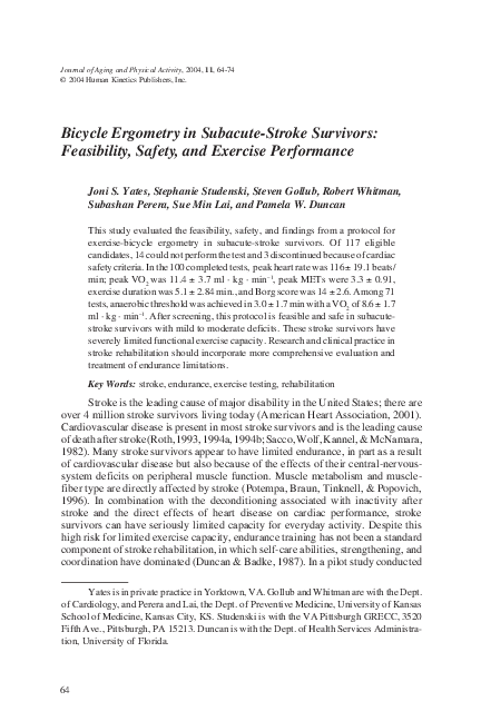 (PDF) Bicycle Ergometry in Subacute-Stroke Survivors: Feasibility ...