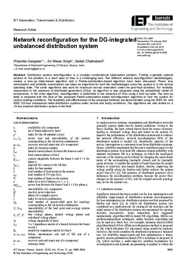Pdf Network Reconfiguration For The Dg‐integrated Unbalanced