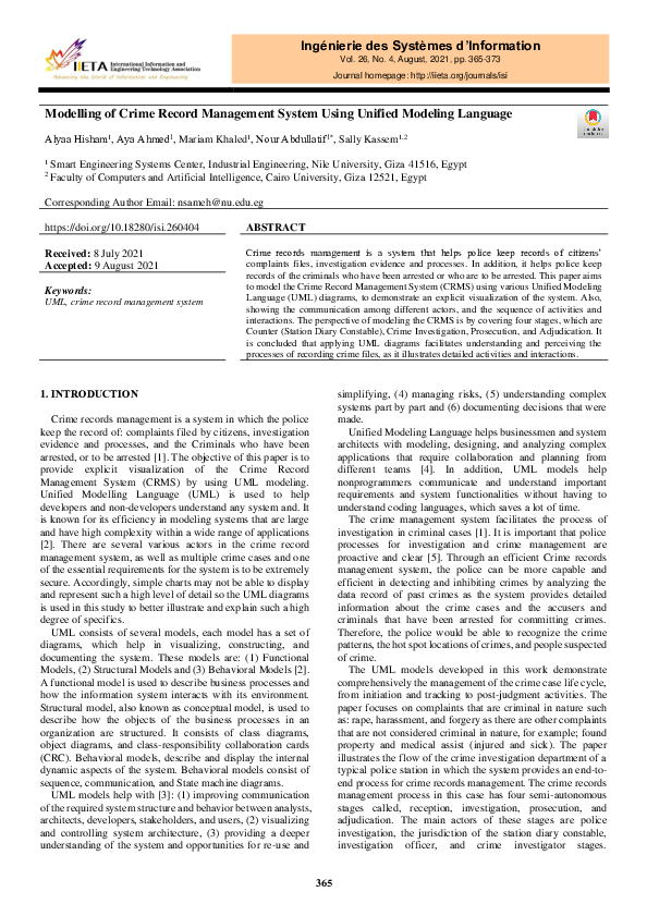 (PDF) Modelling of Crime Record Management System Using Unified Modeling Language