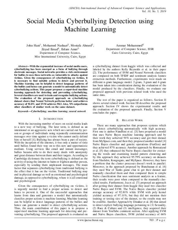 Pdf Social Media Cyberbullying Detection Using Machine Learning