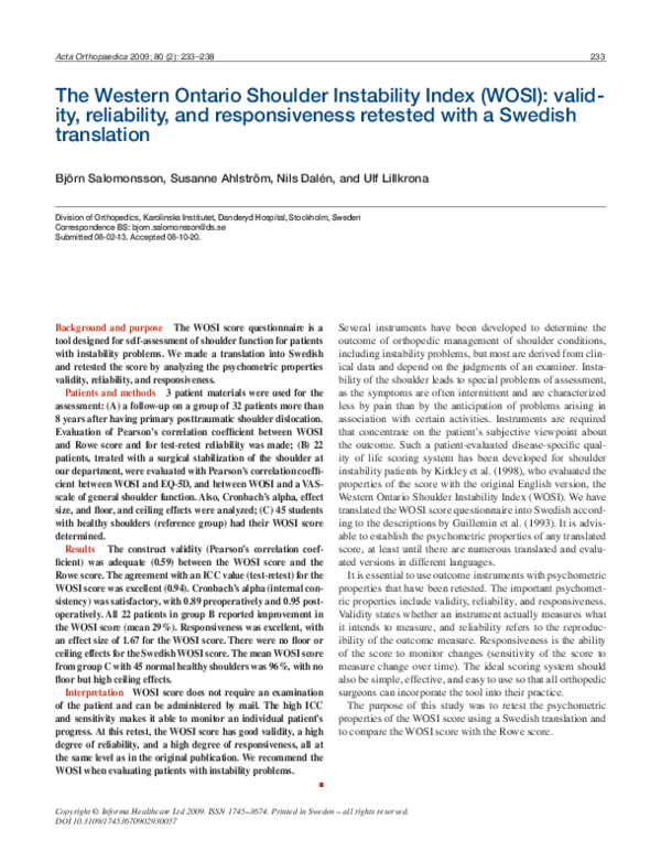 (PDF) The Western Ontario Shoulder Instability Index (WOSI): validity, reliability, and ...