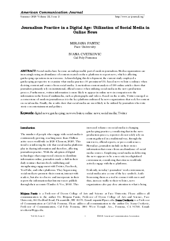 (PDF) Journalism Practice in a Digital Age: Utilization of Social Media ...