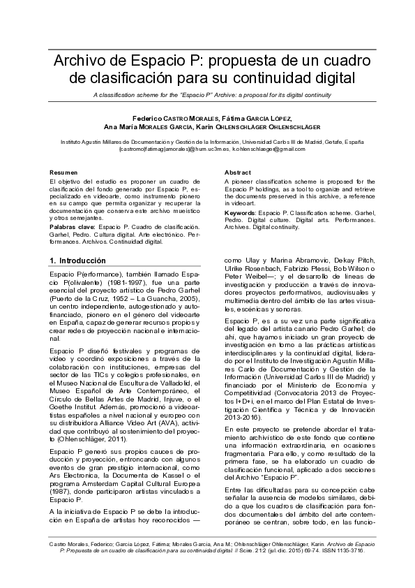 (PDF) Archivo de Espacio P: Propuesta de un cuadro de clasificación para su Continuidad Digital ...