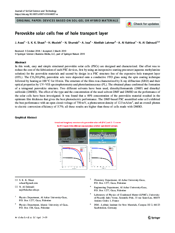 (PDF) Perovskite solar cells free of hole transport layer