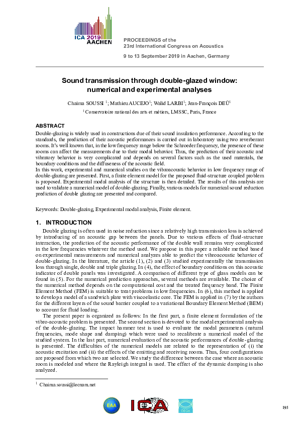 (PDF) Sound Transmission through Double-glazed Window: Numerical and Experimental Analyses