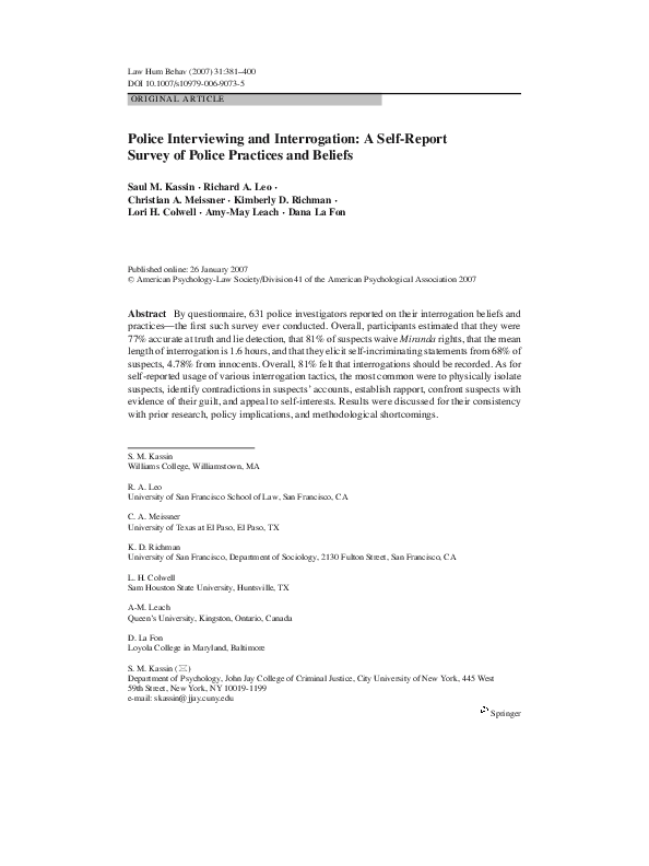 (PDF) Police interviewing and interrogation: A self-report survey of ...