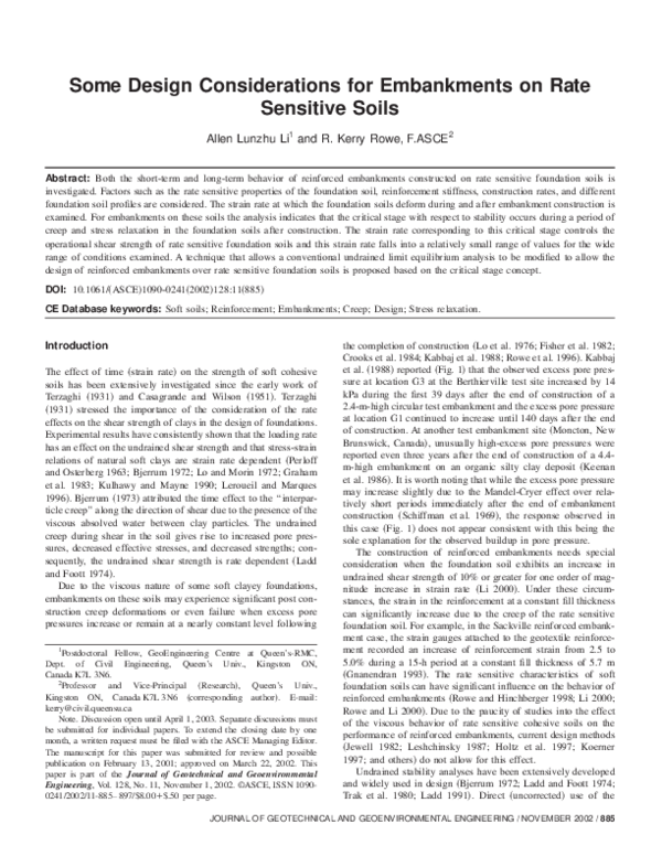 (PDF) Some Design Considerations for Embankments on Rate Sensitive Soils