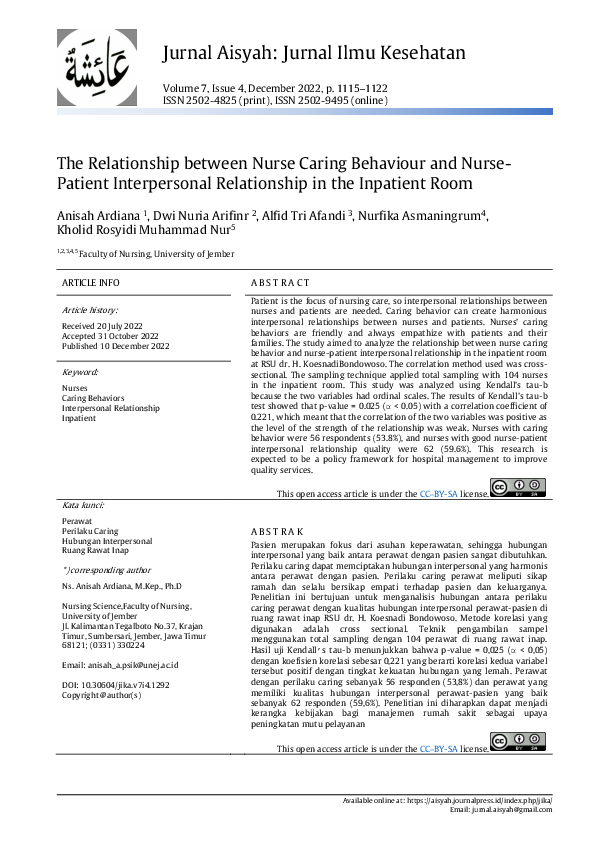 (PDF) The Relationship between Nurse Caring Behaviour and Nurse-Patient ...