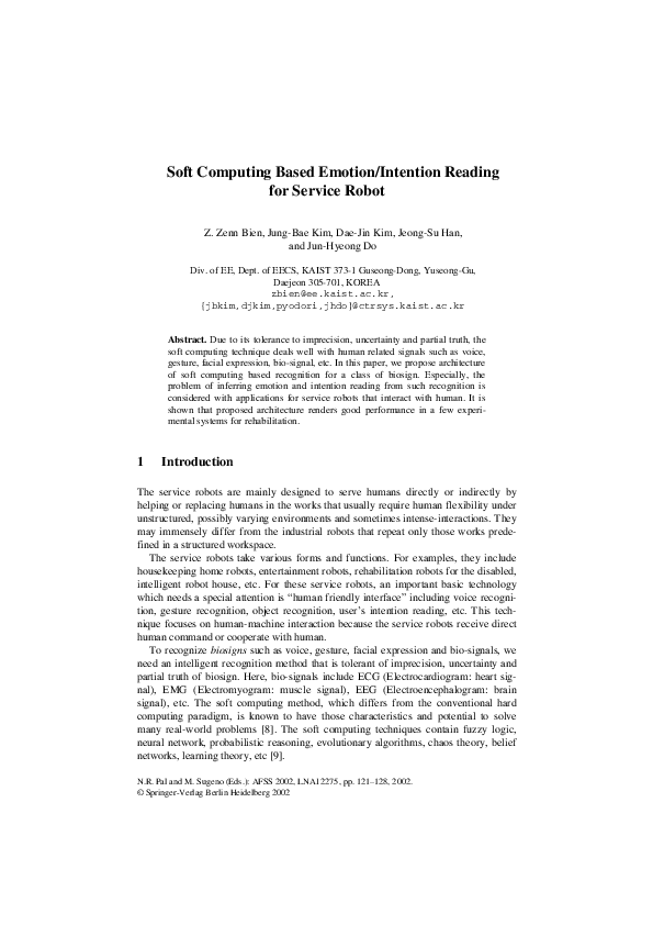 Pdf Soft Computing Based Emotionintention Reading For Service Robot