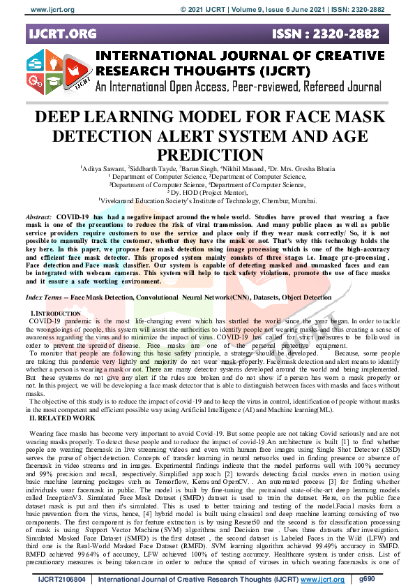 Pdf Deep Learning Model For Face Mask Detection Alert System And Age Prediction