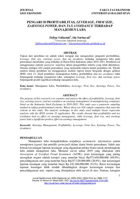 (PDF) Pengaruh Profitabilitas, Leverage, Firm Size, Earnings Power, Dan Tax Avoidance Terhadap ...