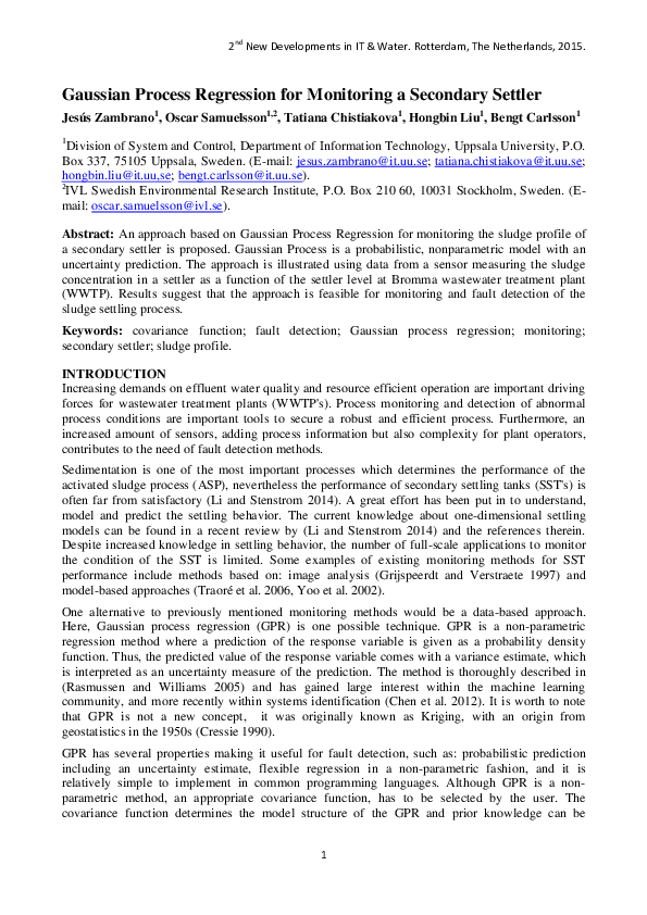 (PDF) Gaussian Process Regression for Monitoring a Secondary Settler
