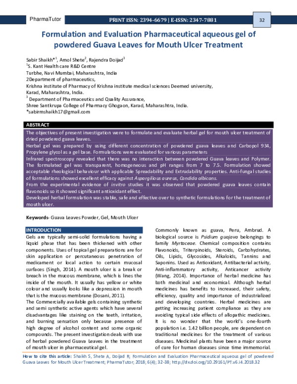 (PDF) Formulation and Evaluation Pharmaceutical Aqueous Gel of Powdered ...