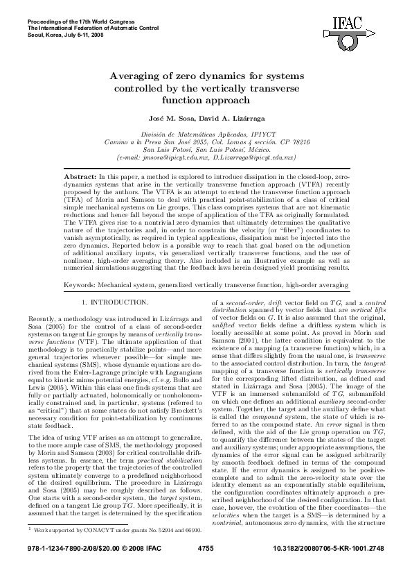 Pdf Averaging Of Zero Dynamics For Systems Controlled By The Vertically Transverse Function