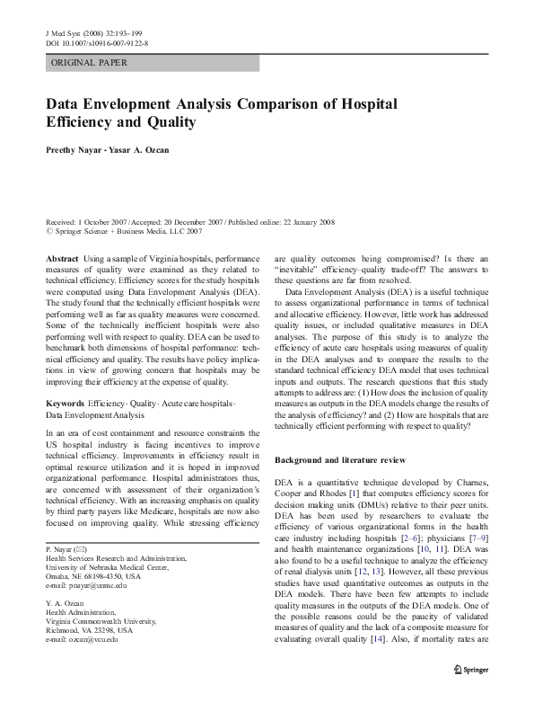 (PDF) Data Envelopment Analysis Comparison of Hospital Efficiency and ...
