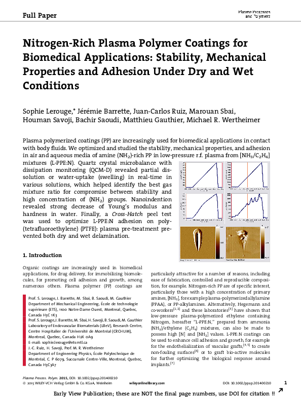 (PDF) Nitrogen-Rich Plasma Polymer Coatings for Biomedical Applications: Stability, Mechanical ...
