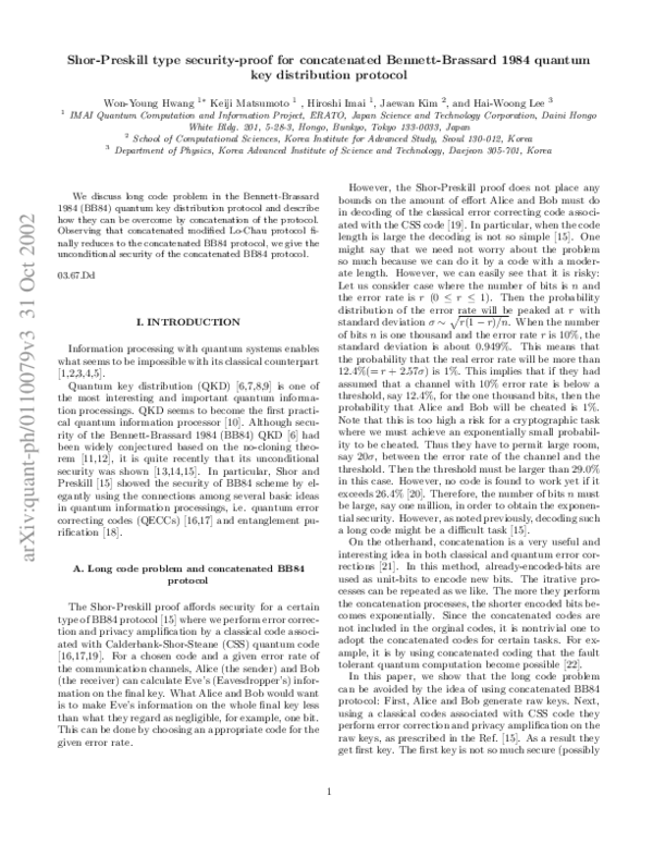(PDF) Shor-Preskill Type Security-Proofs for Concatenated Bennett-Brassard 1984 Quantum Key ...