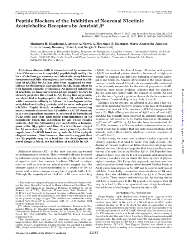 (PDF) Peptide Blockers of the Inhibition of Neuronal Nicotinic ...