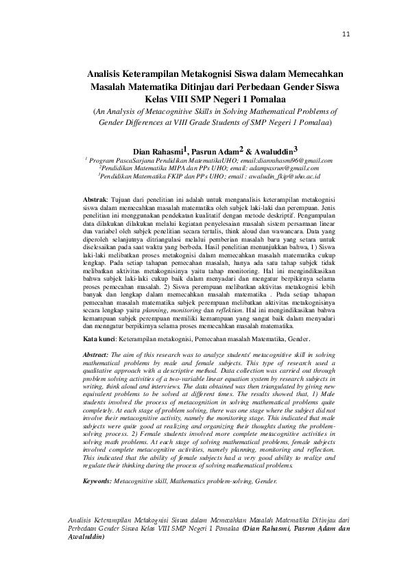 (PDF) Analisis Keterampilan Metakognisi Siswa dalam Memecahkan Masalah Matematika Ditinjau dari ...