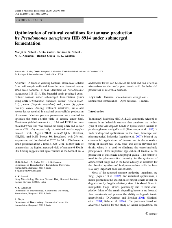(PDF) Optimization of cultural conditions for tannase production by Pseudomonas aeruginosa IIIB ...