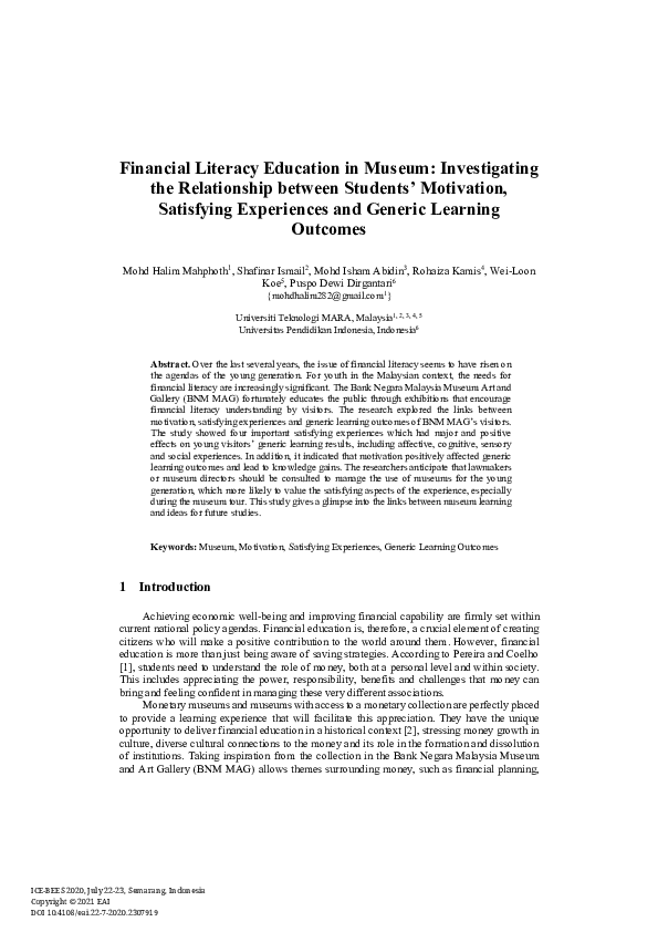 (PDF) Financial Literacy Education in Museum: Investigating the ...