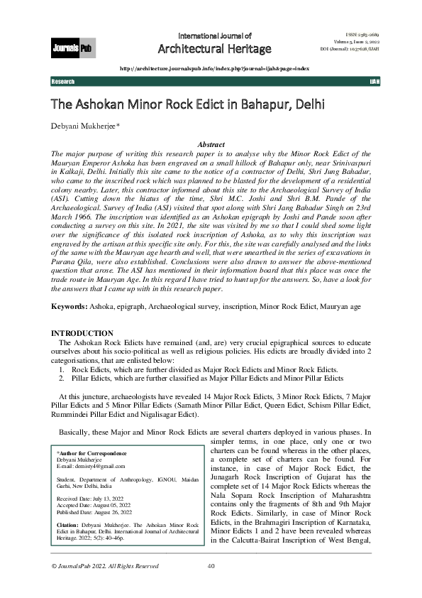 (PDF) The Ashokan Minor Rock Edict in Bahapur, Delhi