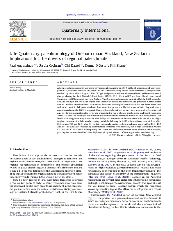 (PDF) Late Quaternary paleolimnology of Onepoto maar, Auckland, New ...