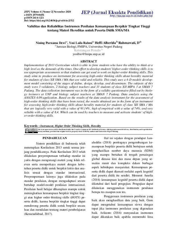 (PDF) Validitas dan Reliabilitas Instrumen Penilaian Kemampuan Berpikir ...