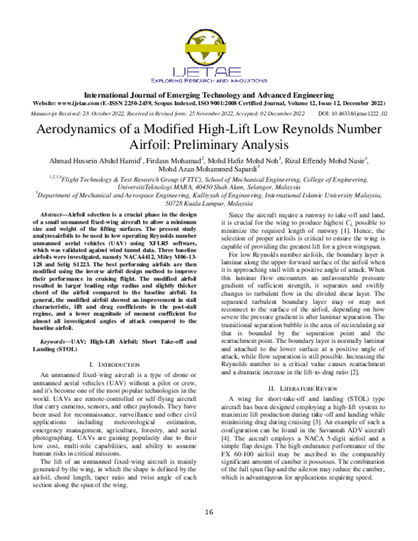 Pdf Aerodynamics Of A Modified High Lift Low Reynolds Number Airfoil Preliminary Analysis