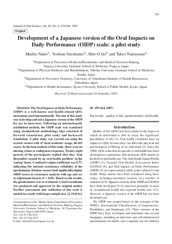 (PDF) Development of a Japanese version of the Oral Impacts on Daily ...