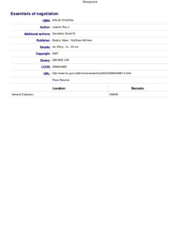 (PDF) Essentials of Negotiation