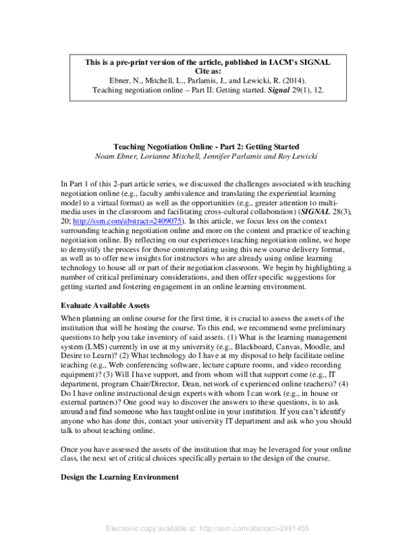 (PDF) Practical Guide to Online Negotiation Teaching