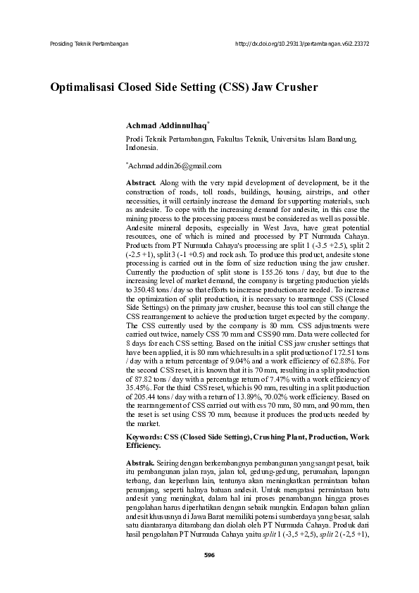 (PDF) Optimalisasi Closed Side Setting (CSS) Jaw Crusher