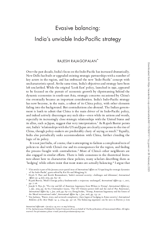 (PDF) Evasive balancing: India's unviable Indo-Pacific strategy