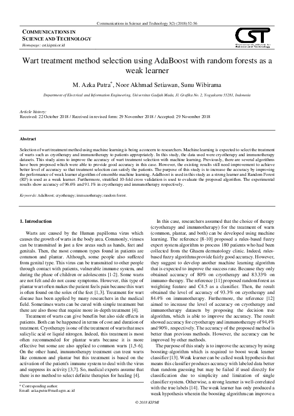 (PDF) Wart treatment method selection using AdaBoost with random forests as a weak learner